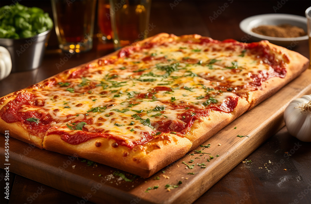 Sicilian Pizza made of thick, rectangular pizza with a crispy crust ...