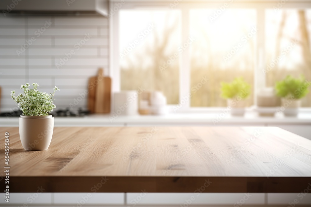 Empty wooden table top with blurred modern kitchen room background for ...