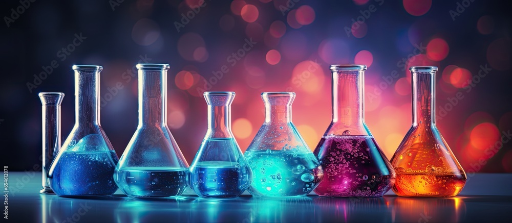 Colorful liquid filled lab glassware and empty transparent podium on ...