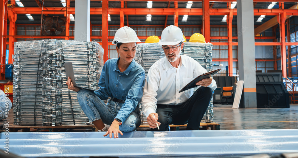 Metalwork manufacturing factory manager inspect newly manufactured ...