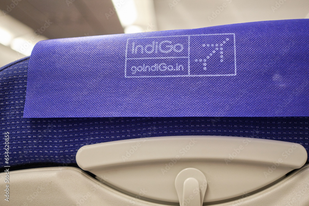 IndiGo logo on an airplane seat headrest Stock Photo | Adobe Stock