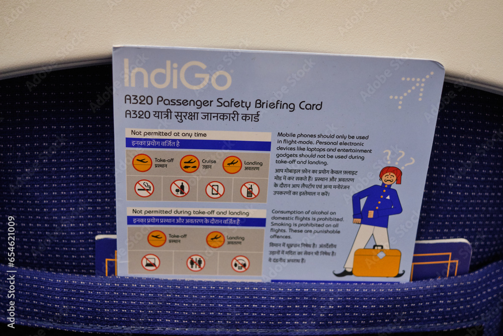 Passenger safety briefing card on an IndiGo Airbus A320 commercial ...