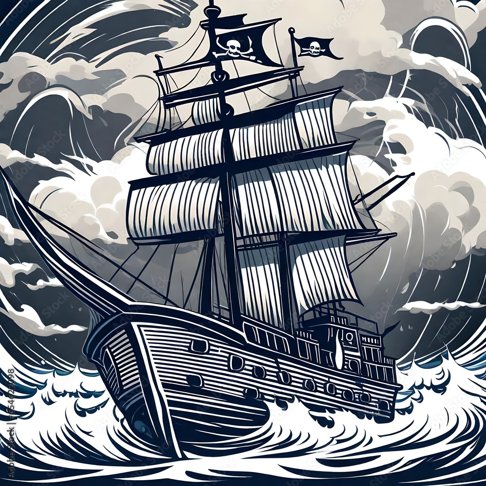 A drawing of an antique pirate ship surrounded by rough waves in a ...