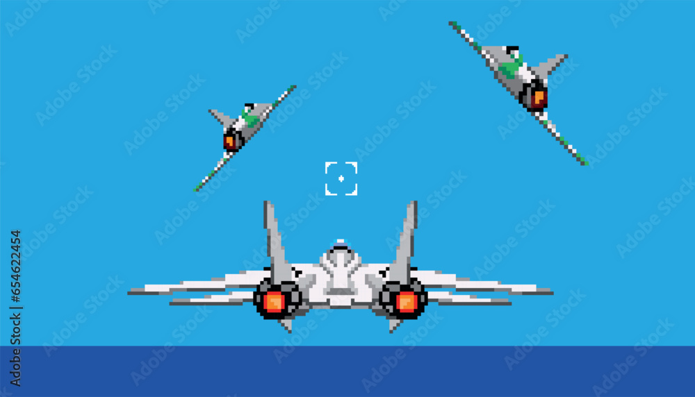 Pixel art biplane plane icon for 8 bit game on light blue background ...