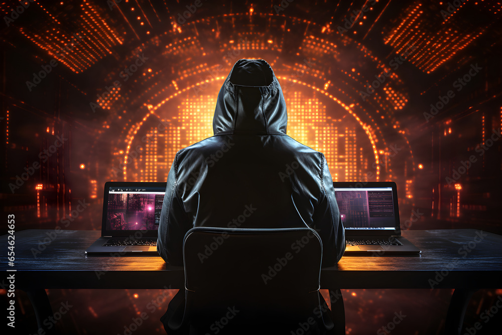 Hacker hacked firewall on laptop. Anonymous scammer steals user personal data. Cybersecurity ...