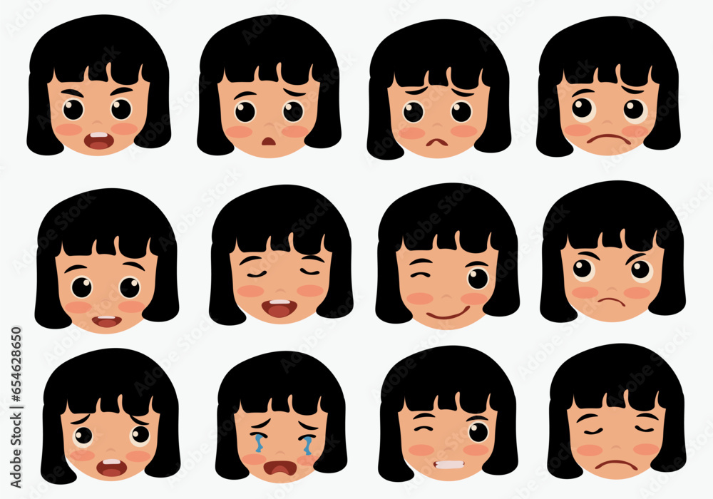 Big set of girl emoticon Face icons. Cartoon emoji set. Vector emoticon ...