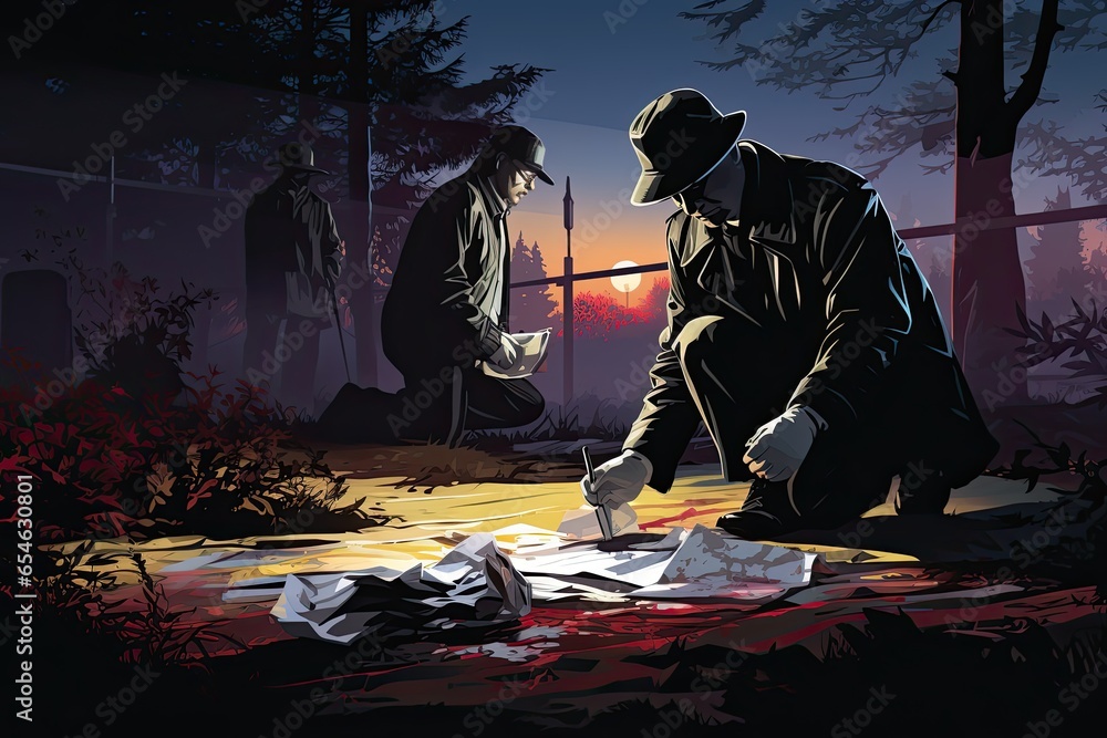 criminologist and a detective working together at a crime scene ...