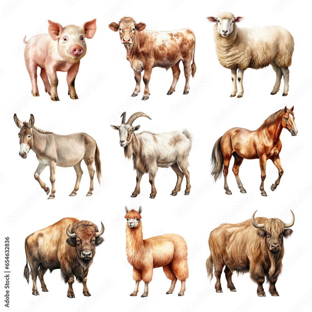 watercolor farm animal elements set. set of clipart livestock animal ...