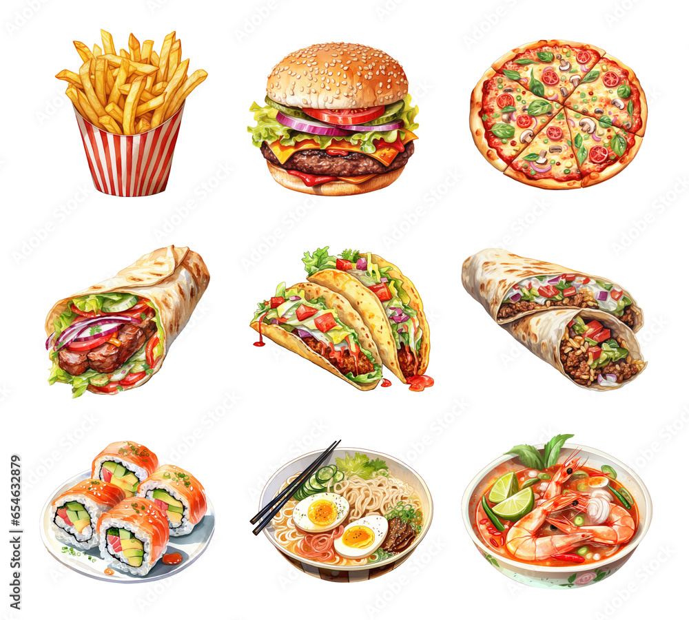 watercolor national food set. set of clipart national foods. french ...