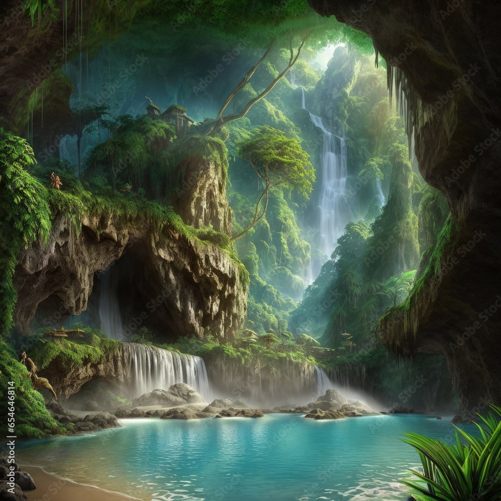 Beautiful Fantasy Scenery Landscape Background of Waterfall in a Lush ...