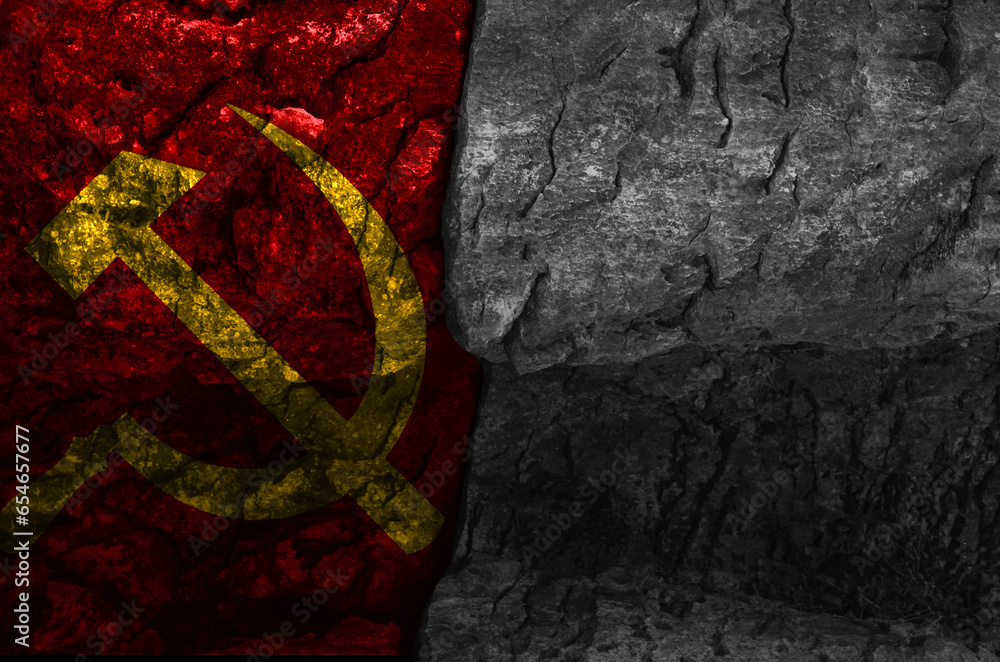 communist flag with natural stone texture with black and white negative ...