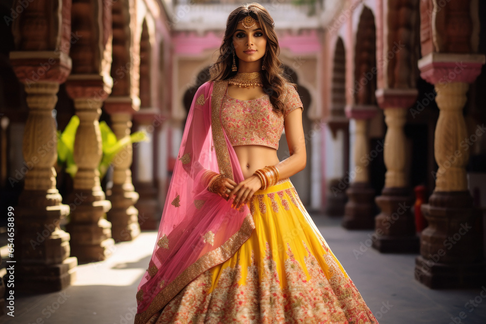 Indian bride in traditional wear and jewelery standing at temple Stock ...