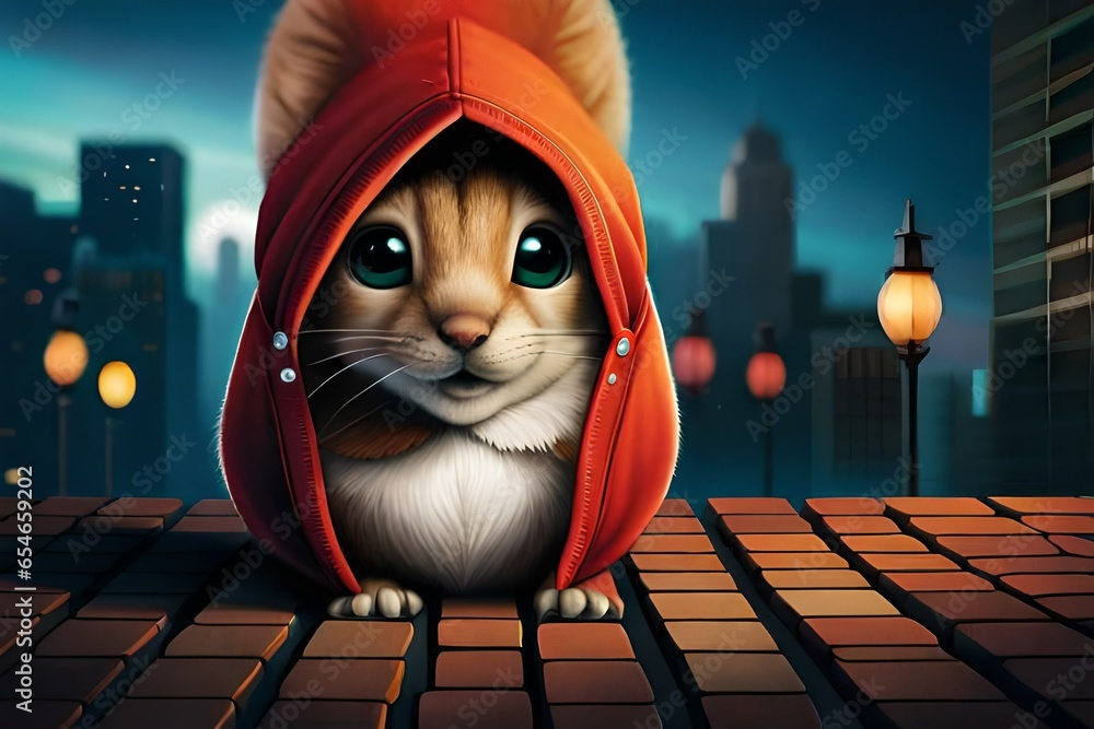 Cute character image painting of hooded chubby squirrel on city brick ...