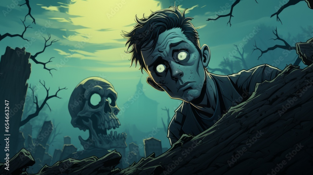 A haunting anime cartoon depicts a man standing over a lifeless skull ...