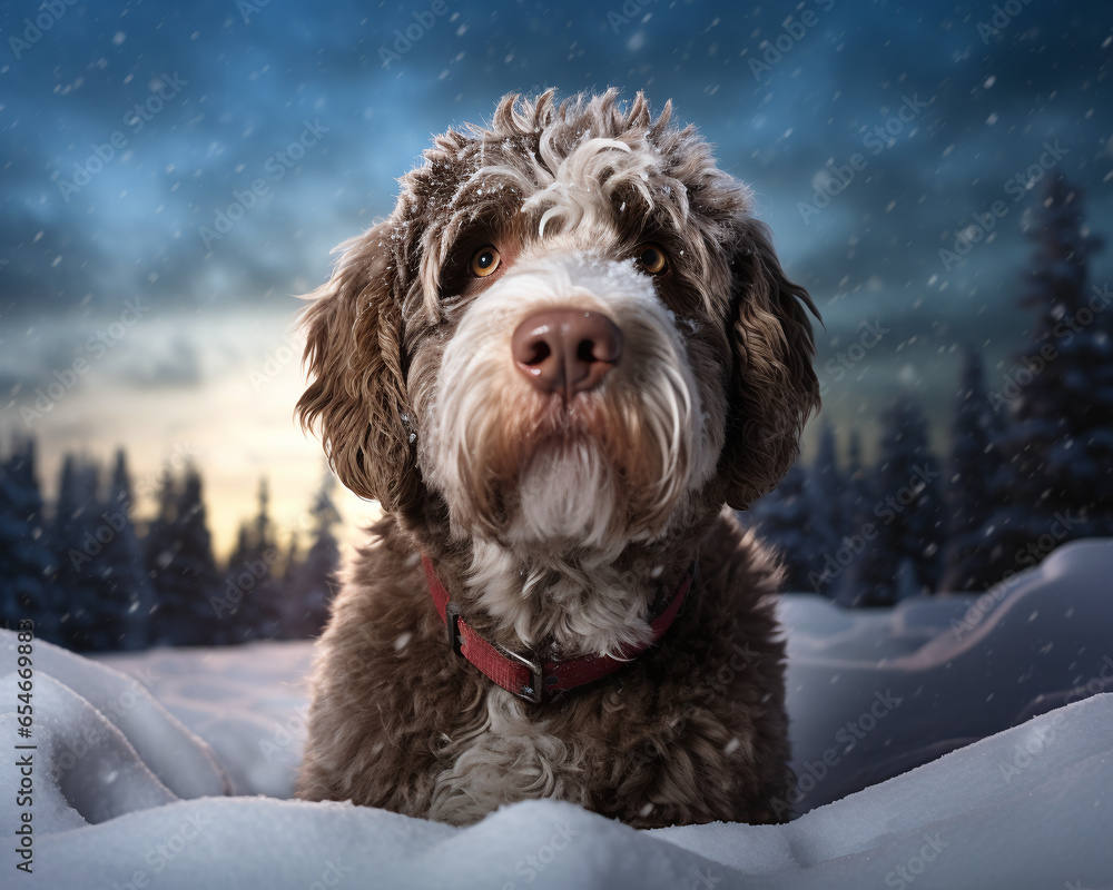 Brown Curly Labradoodle dog in a winter setting. Winter wonderland with ...