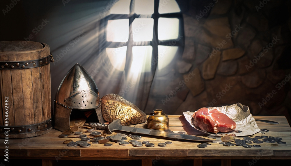 Medieval feast - Medieval still life with meat, barrel, sword, helmet ...