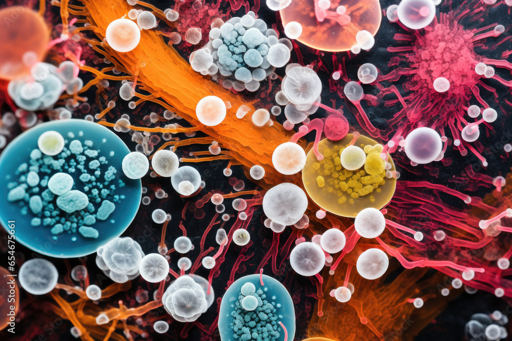 Colorful variety of microorganism inside petri dish plate background in ...