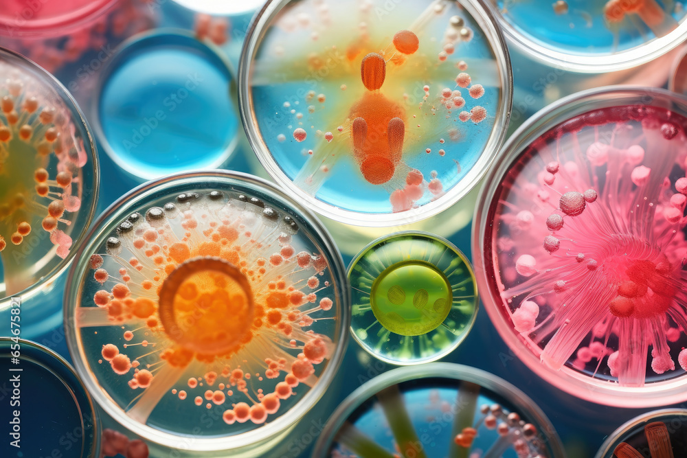Colorful variety of microorganism inside petri dish plate background in ...