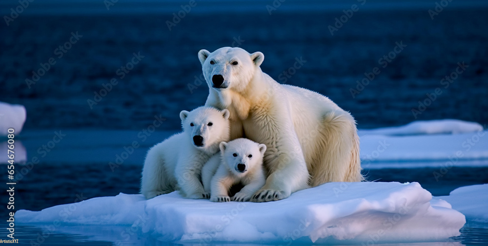 Polar Bear Mother with Cubs on Melting Ice - Arctic Family's Poignant ...