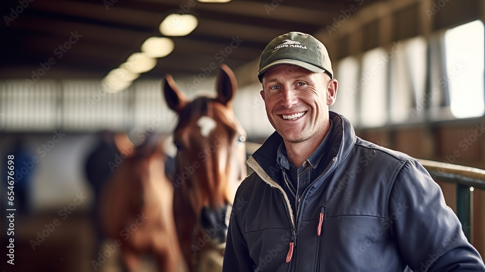 A horse farmer stands in a horse stable, he smiles happily at his work ...