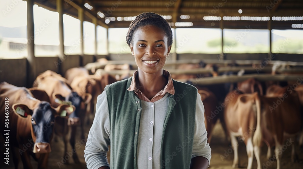 A female farmer with cows stands with her arms crossed in the cowshed, she smiles happily at her ...