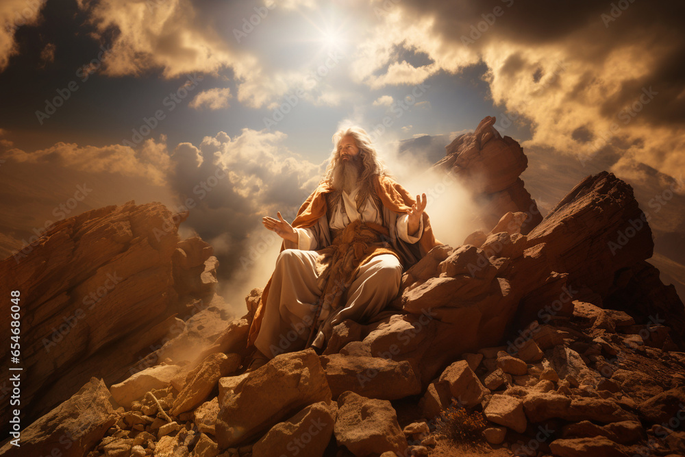 Moses receiving the ten commandments at Mount Sinai, religion and faith ...