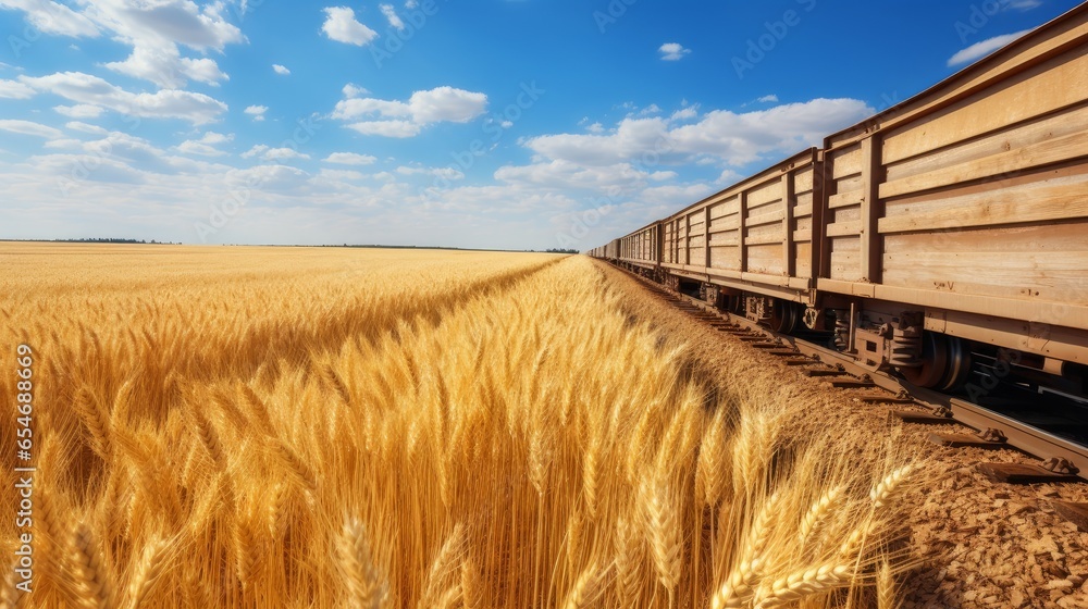 Railway train with wagons during the transportation of wheat and grain ...