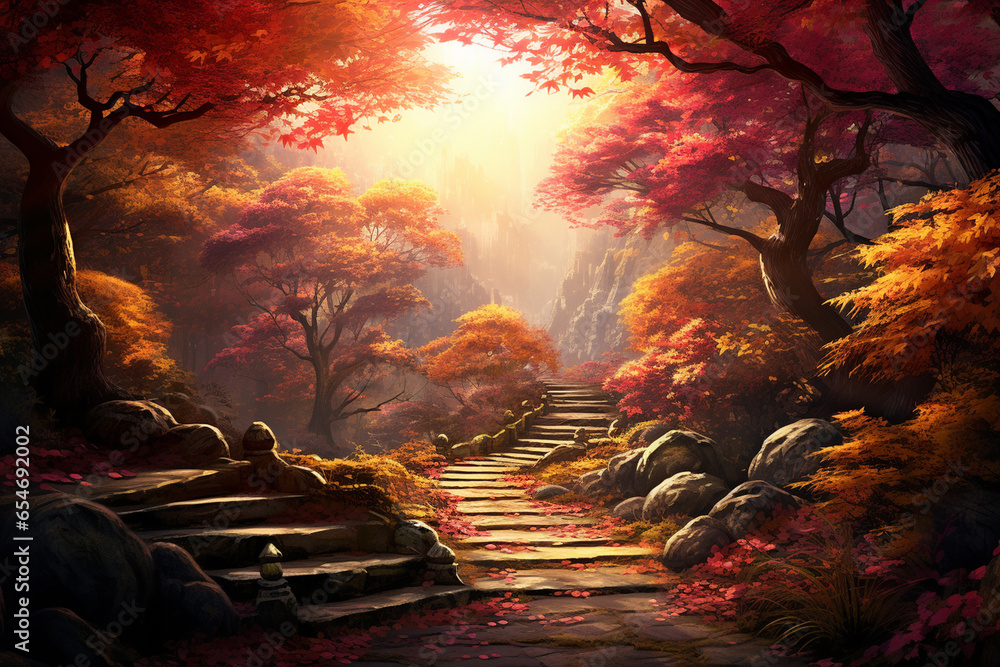 Beautiful fantasy landscape with waterfall and magic garden. Fantasy ...