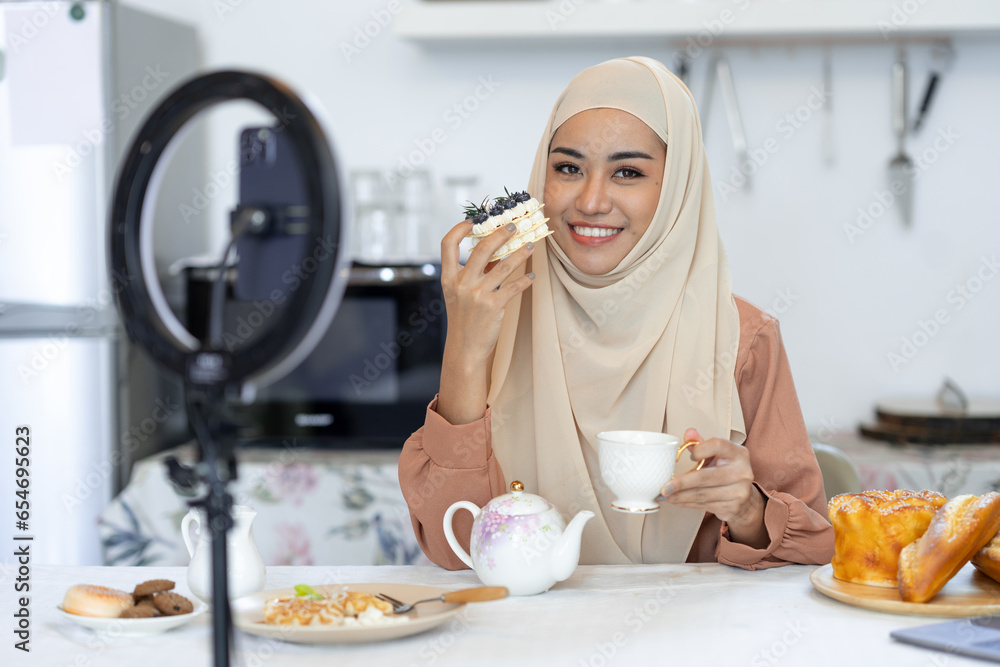 Young Muslim woman in hijab showing off a menu of desserts, bread ...