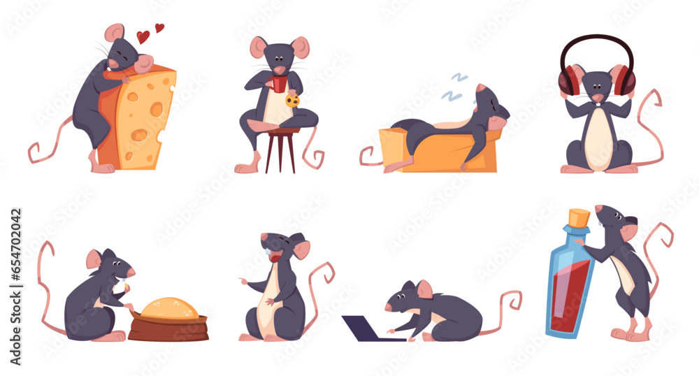 cute rats set. mices with cheese, laptop and poison, isolated on white ...