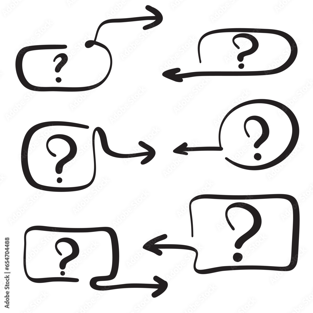 Set of hand drawn circle frame with question marks and arrow with felt ...