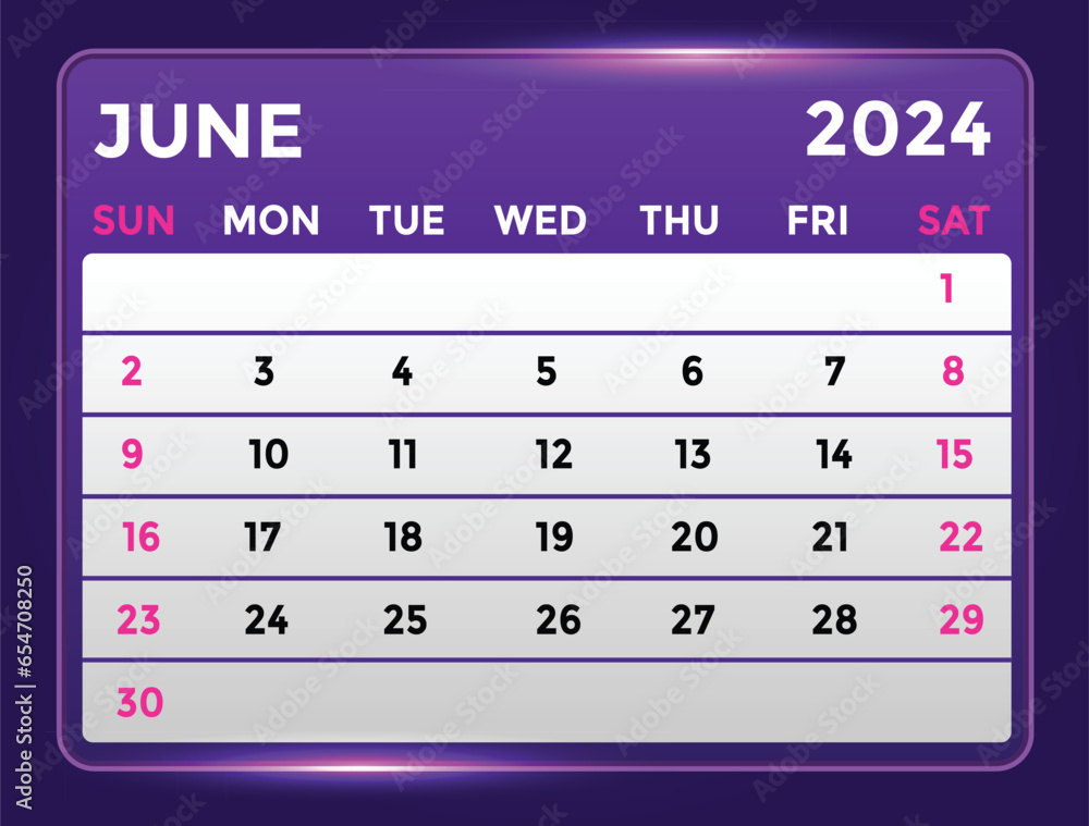 June 2024 Monthly Modern Calendar Design With Shiny Glow in Purple ...