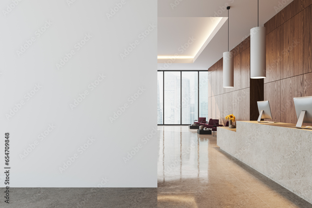 Luxury hotel interior lobby with reception desk and waiting space. Mock ...