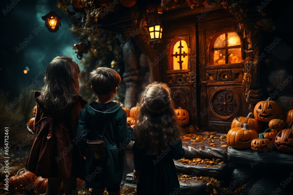 Trick or Treating on Halloween Night, Kids in Costume Visiting Houses ...