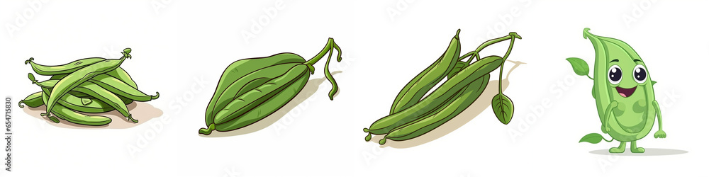 Set of cartoon green bean vegetable illustration, isolated on white ...