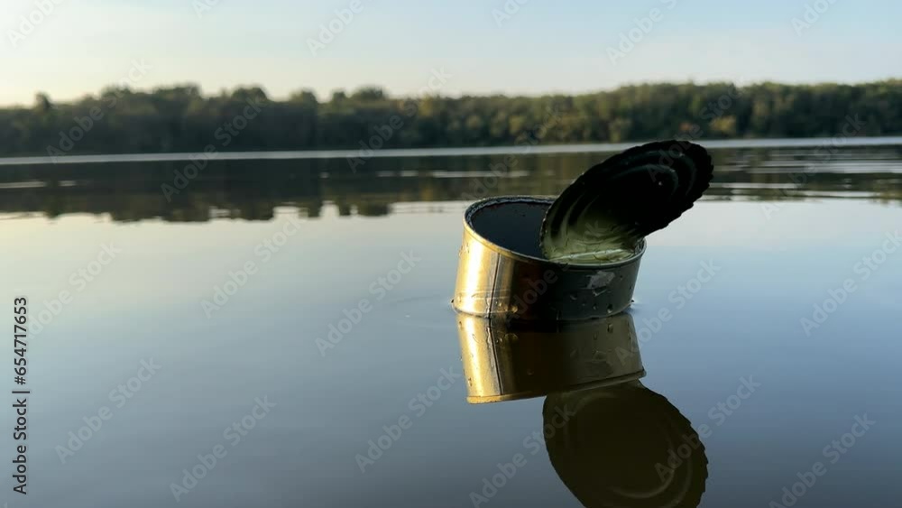 Tin can waste in lake water. Empty metal tin can garbage and food waste ...