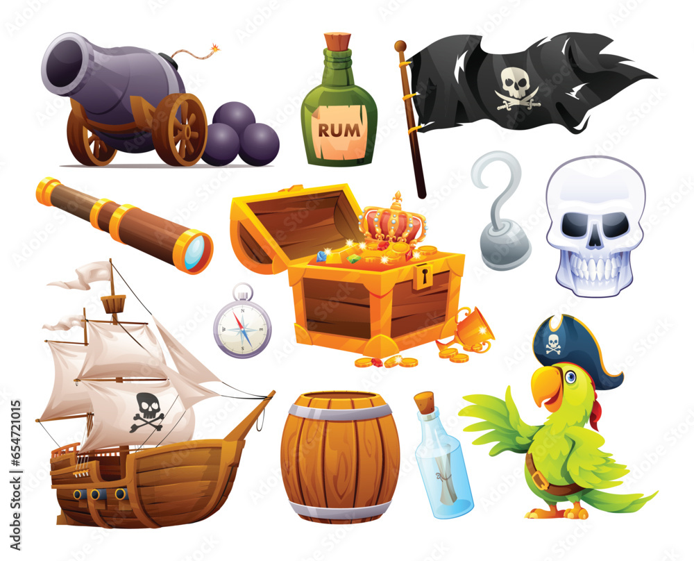 Set of pirate objects vector cartoon illustration isolated on white ...