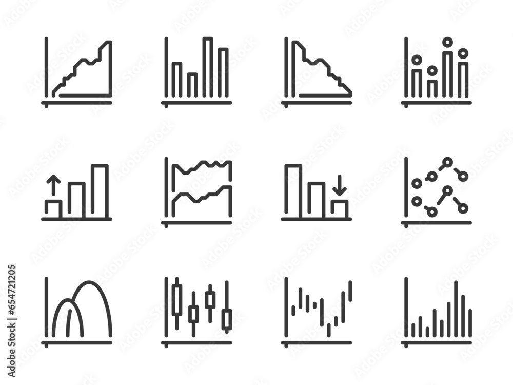 Graph and Chart vector line icons. Graphical Data Report outline icon ...