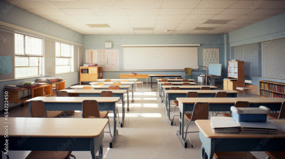 A classroom with long rows of desks a whiteboard and several posters on ...