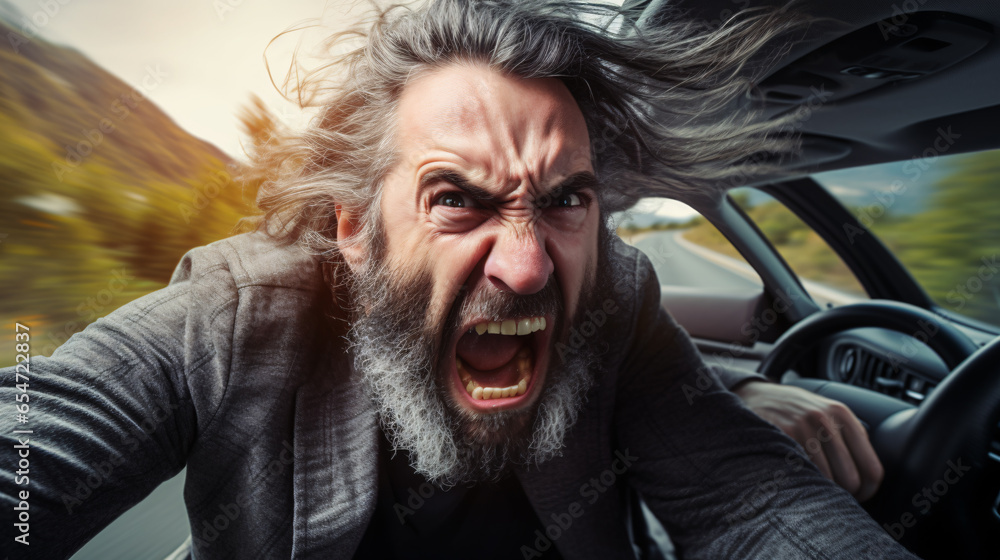 Road rage concept, portrait of a angry man with a beard yelling inside ...