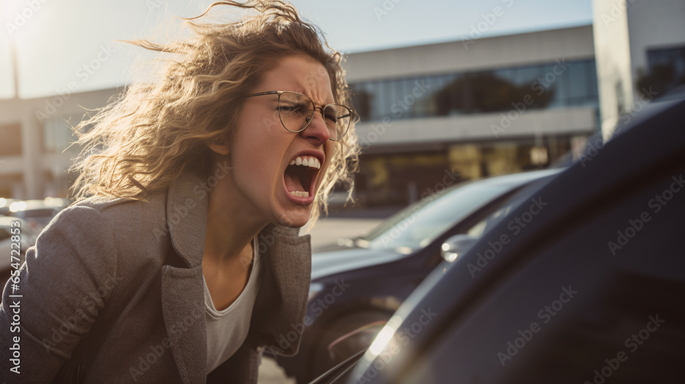 Aggressive woman shouting to a car driver - rode rage concept Stock ...
