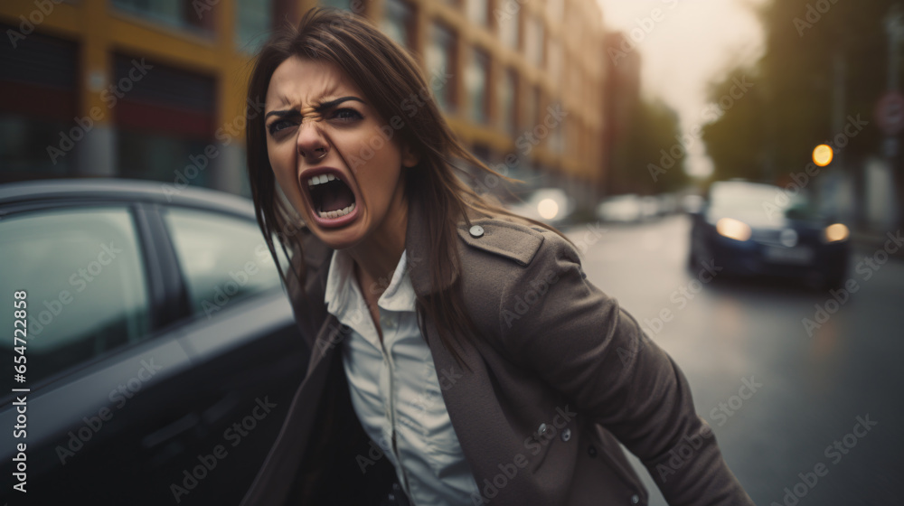 Angry woman shouting to a car driver - woman yelling to a taxi - rode ...