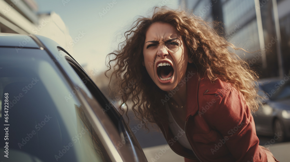 Aggressive woman shouting to a driver - Angry woman yelling in a ...