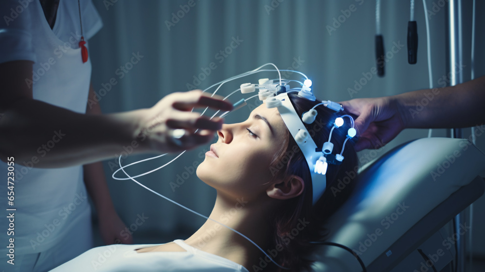 brain scan concept, brain-computer interface, monitoring brain activity with sensor electrodes ...