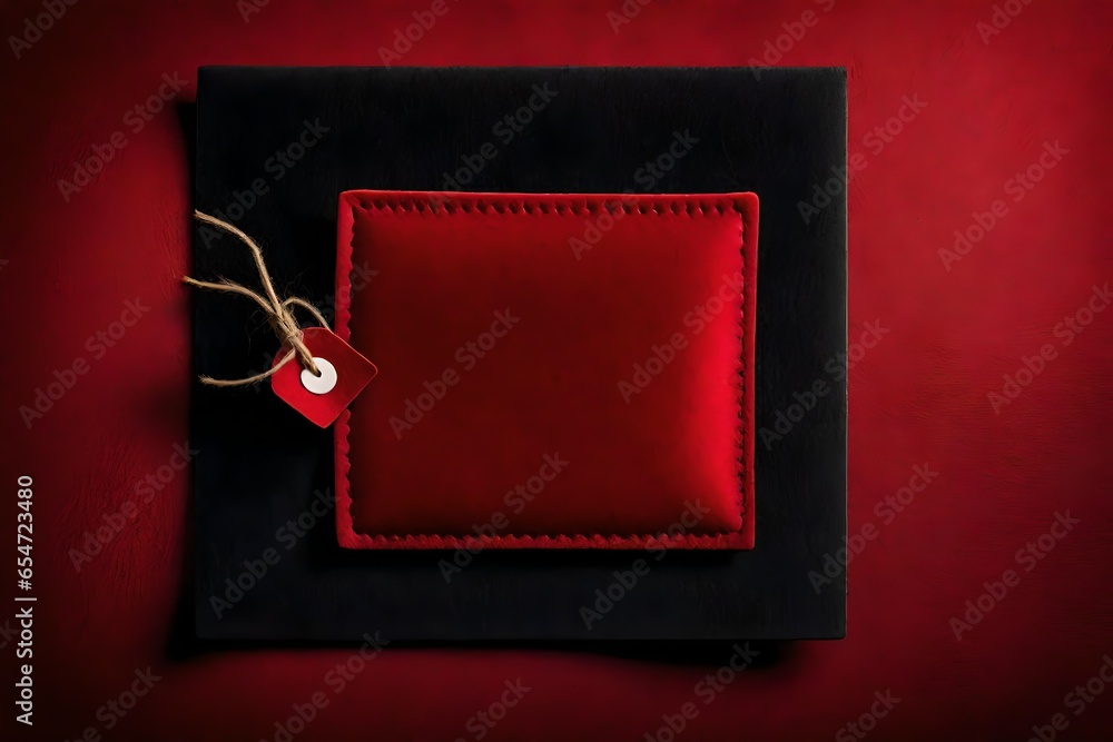 Blank square label on red velvet. Black tag. Copy space. Place for text ...