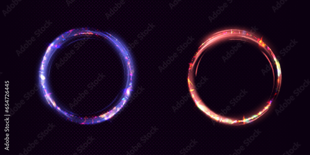 Light round frame. Blue portal with light distortions. Magic circle ...