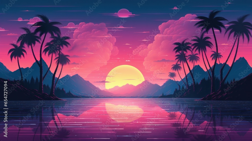 Sunrise or sunset in pixel art 8-bit style, retro wave sci-fi ...