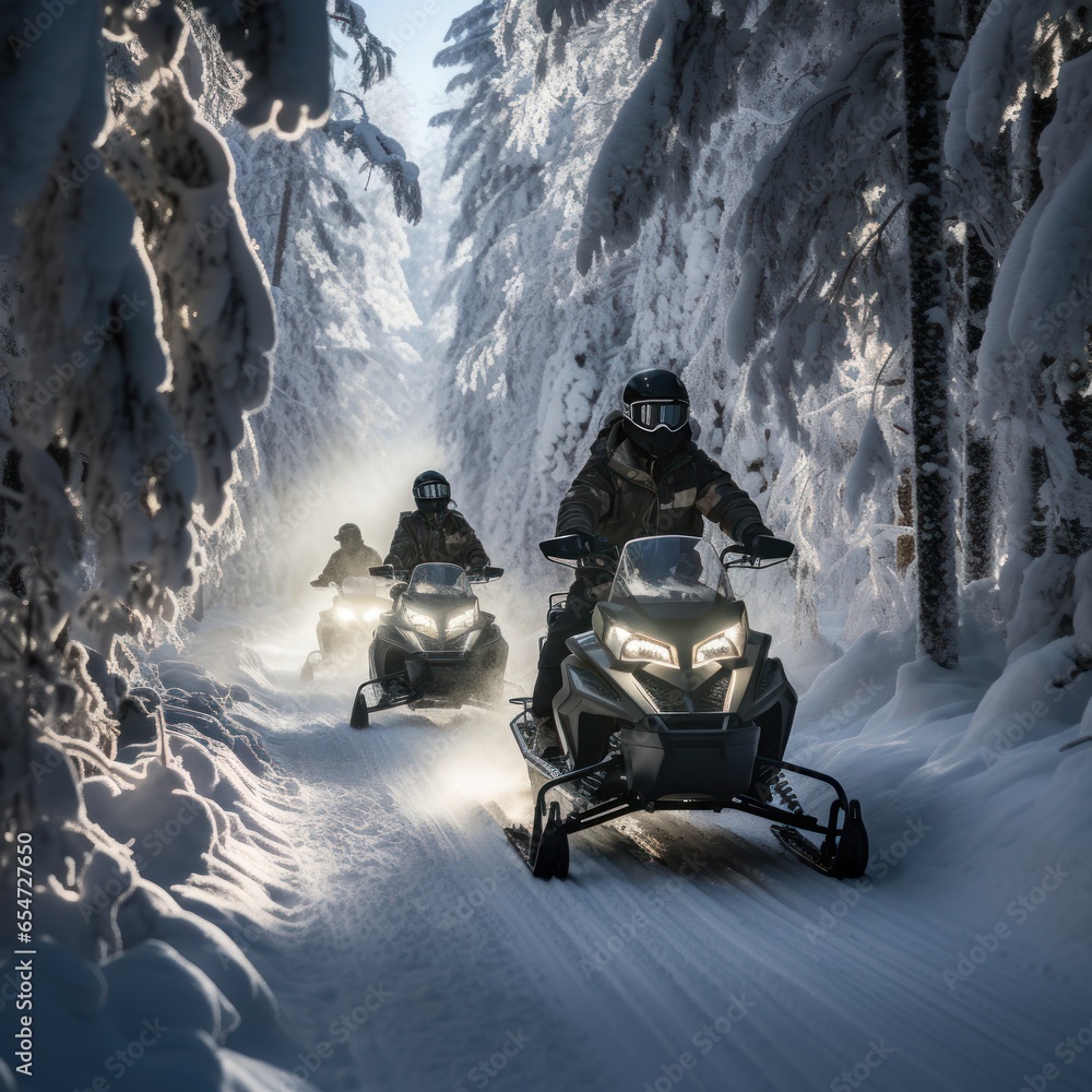 Snowmobiling. Adventurous rides through snowy terrain Stock Photo ...
