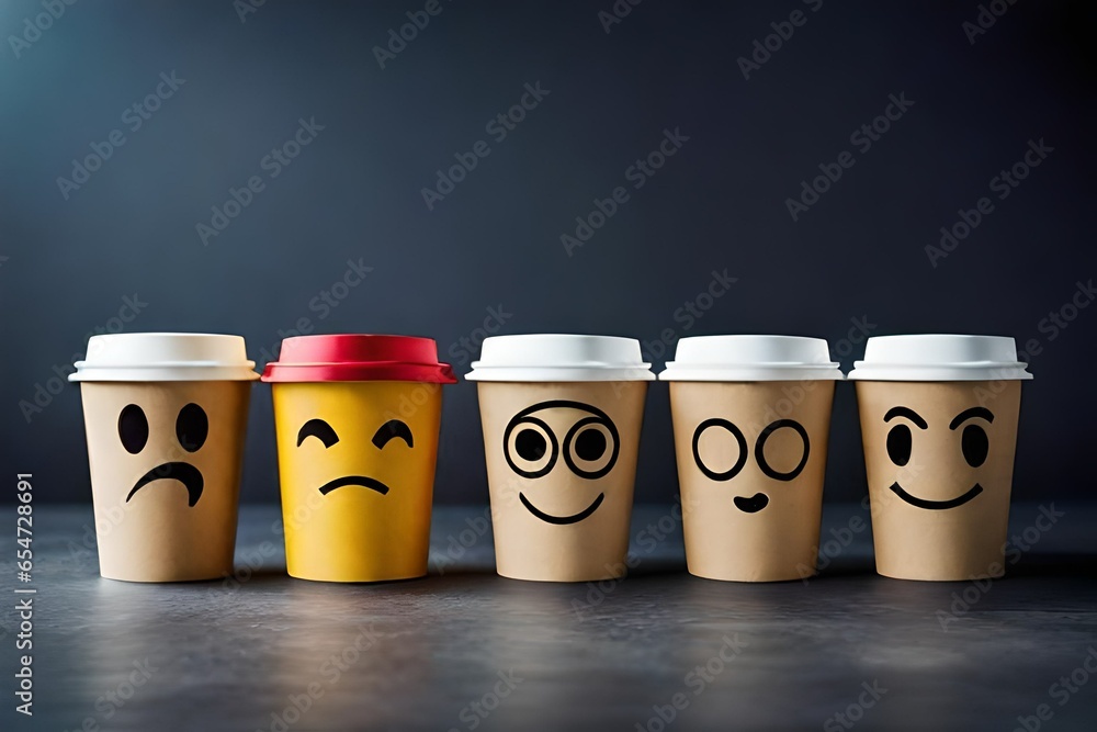 different emojis on the cups, emojis on cardboard made cups, colorful ...