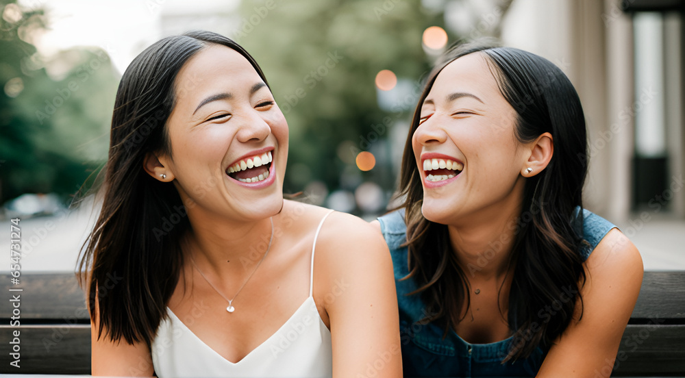 Two Women Sharing Hysterical Laughter on a Park Bench, women in happy ...